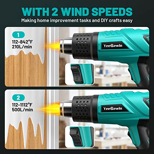 Yeegewin 1800W Heat Gun 122℉~1112℉(50℃- 600℃)Hot Air Gun Kit Variable Temperature Settings Heavy Duty Fast Heating & Overload Protection, with 4 Nozzels for Shrink Wrap,Vinyl, Crafts, Epoxy Resin
