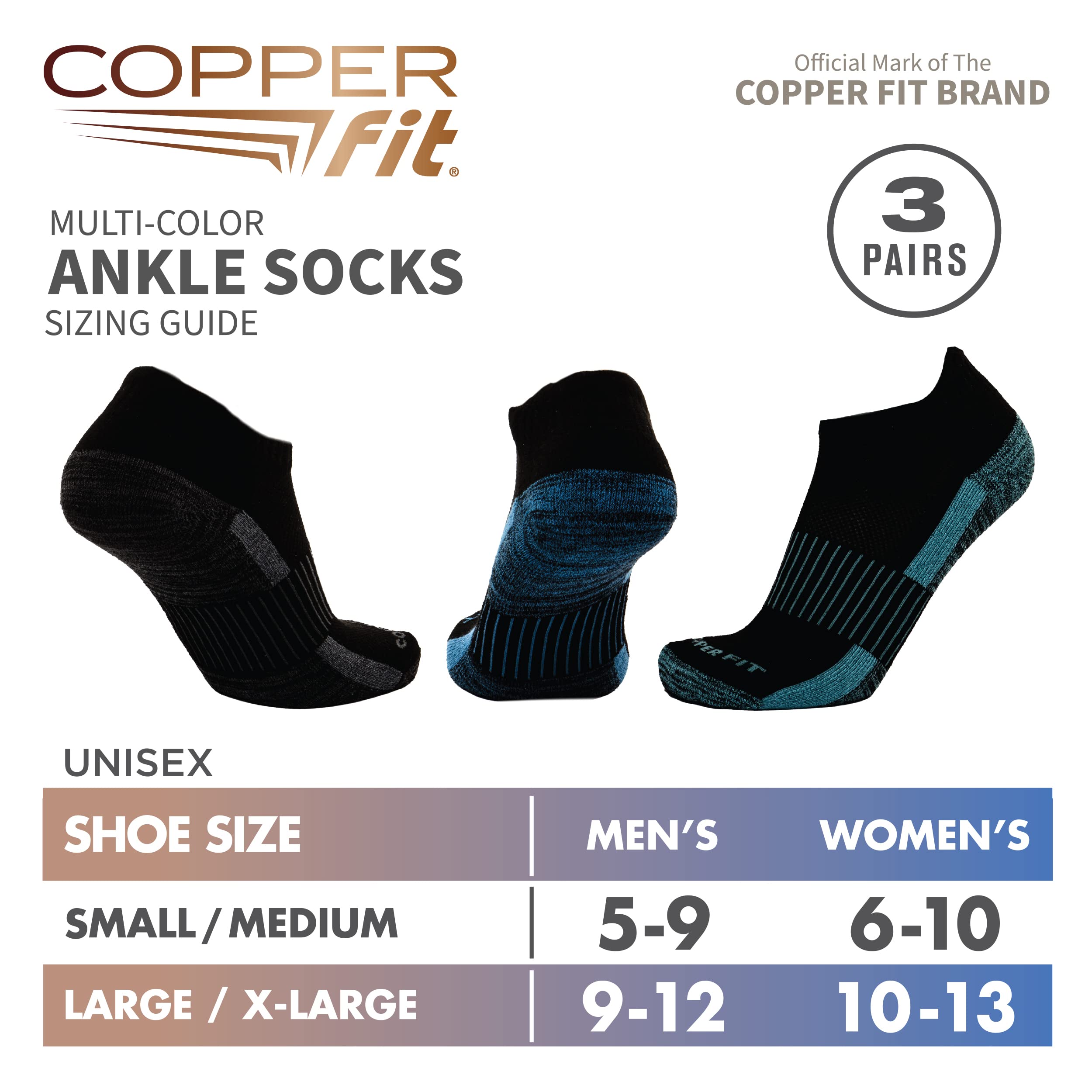 Copper Fit Unisex No Show Sport Socks, Black, Large-X-Large, 3 Pair