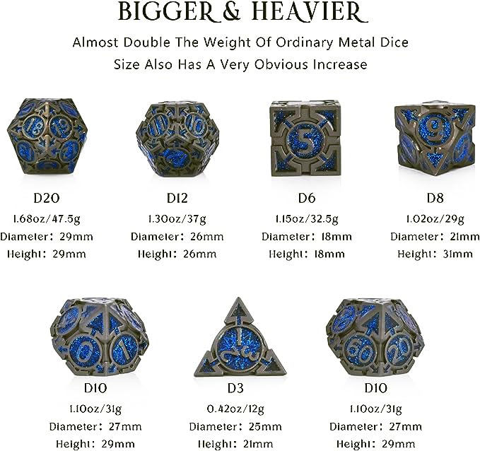 DND Metal Dice Set, RULE DICE 2022 New 7pcs Large Size-7.77oz Weight Polyhedral D&D Dice for Dungeons and Dragons and Other Role Playing Multiplayer Games(Sapphire Blue)…