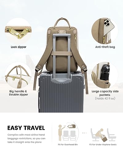 LOVEVOOK Laptop Backpack for Women 15.6 Inch, Travel Backpack Personal Item Size Carry On Bag, Women’s Computer Backpack Work Laptop Bag With Water-Resistant, College Backpack Teacher Nurse Bag, Khaki