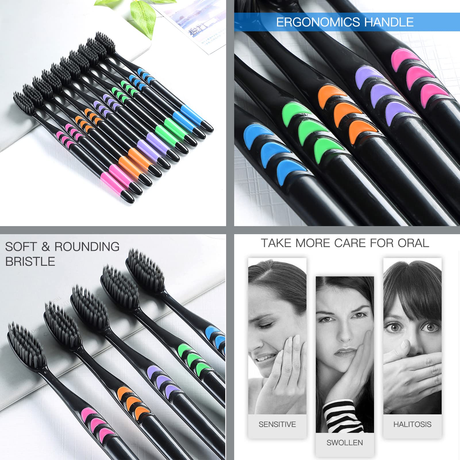 Egoguys Travel Toothbrush Activated Charcoal Bristle Adsorption Plaque Bacteria Keep Breath Fresh Slim Soft Bristles Deep Clean Tooth Prevent Bleeding Gums Teeth Whitening Brush (10 Pack in 5 Colors)