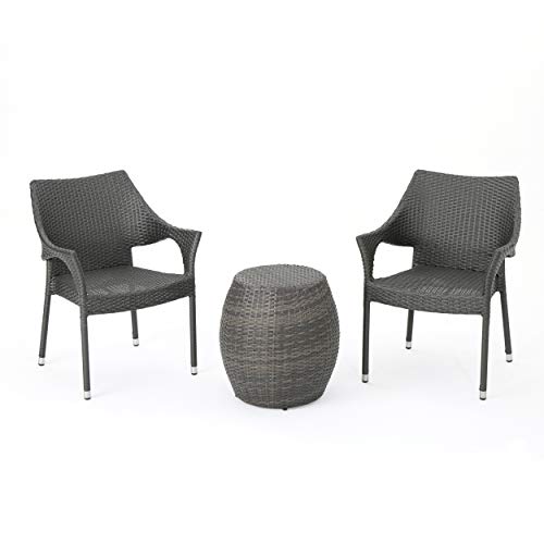 Christopher Knight Home Pierce Outdoor Wicker Stacking Chair Chat Set, 3-Pcs Set, Grey
