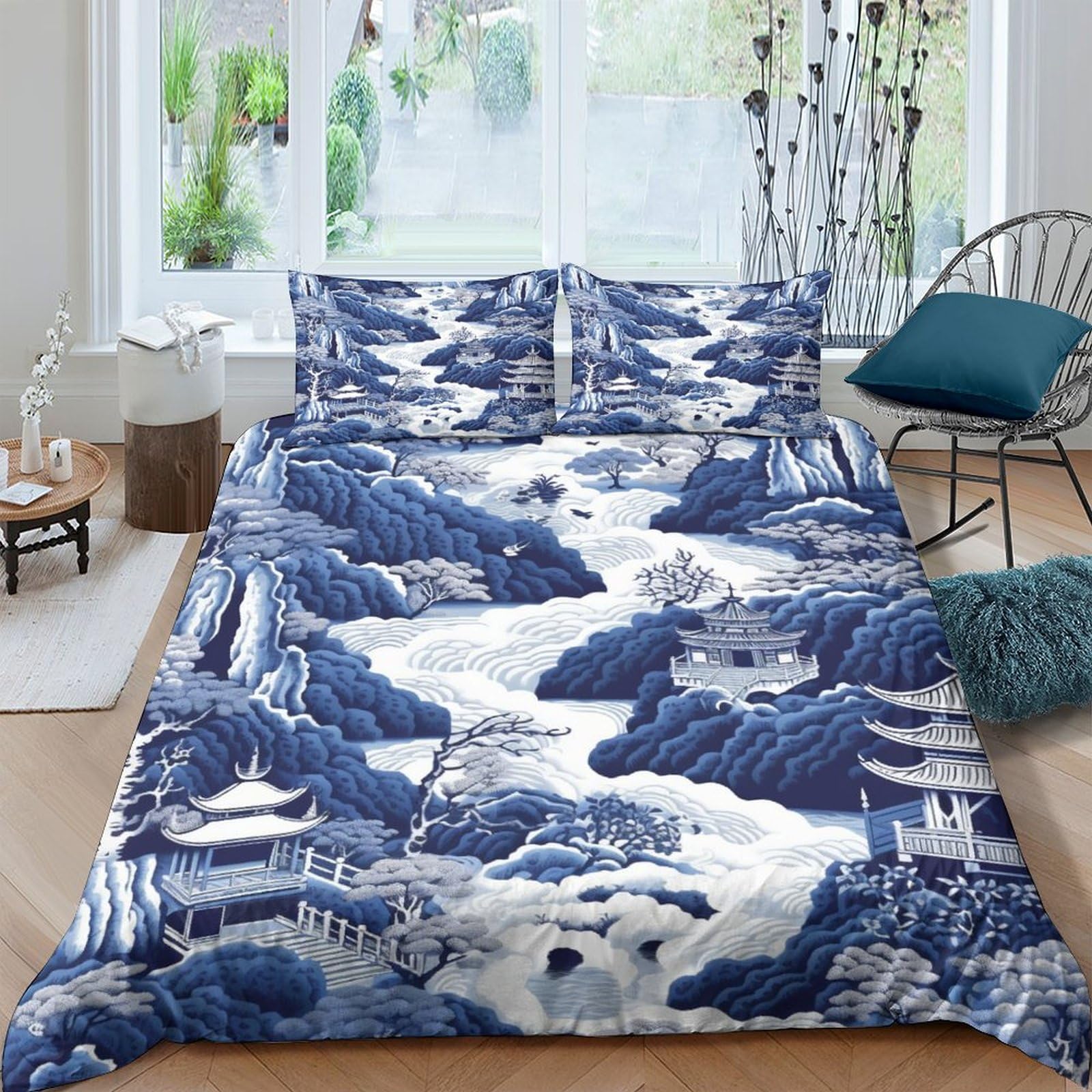HOUKIG Chinoiserie Blue Bedding Set 3D Printed Comforter Covers Duvet Cover Quilt Cover with Pillowcases 3 Pieces Microfiber for Childrens and Adults with Zipper Closure Queen(228x228cm)