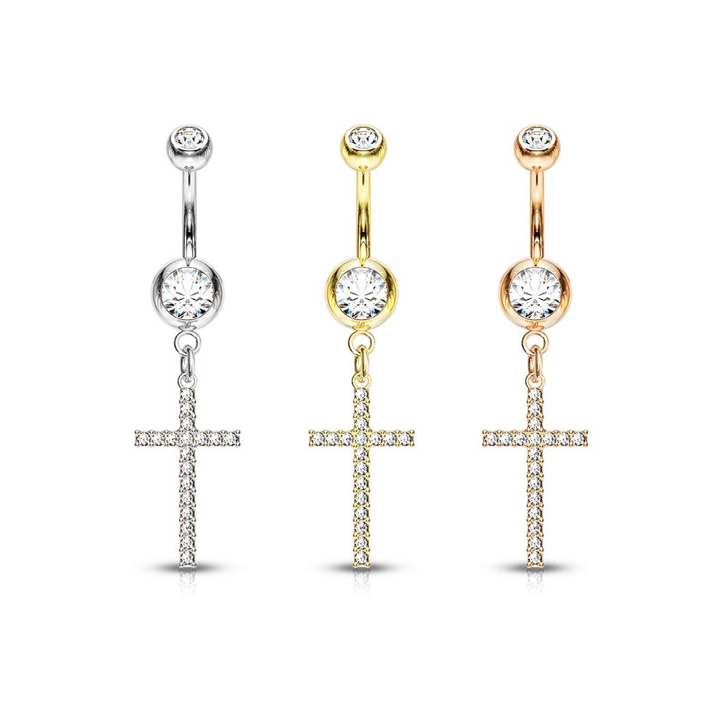 Dynamique Crystal Paved Cross Dangle Double Jeweled 316L Surgical Steel Belly Button Rings (Sold Per Piece)