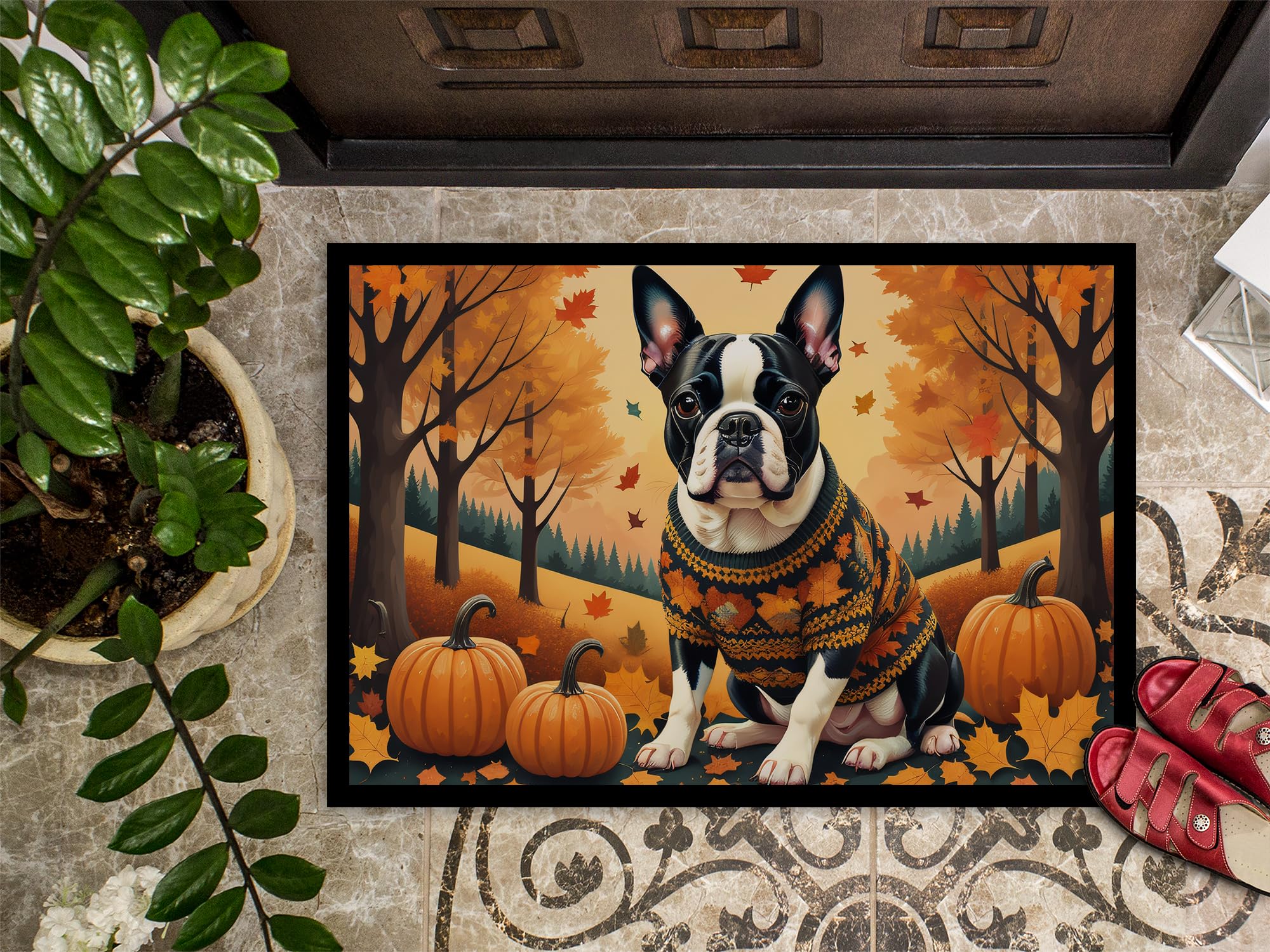 Caroline's Treasures DAC1024MAT Boston Terrier Fall Doormat 18x27 Front Door Mat Indoor Outdoor Rugs for Entryway, Non Slip Washable Low Pile, 18H X 27W