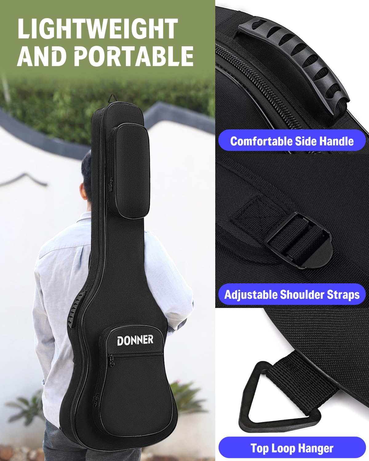 Donner 47 Inch Bass Guitar Case, 0.4 Inch Thick Padding Sponge 600D Ripstop Waterproof Nylon Soft Electric Bass Guitar Gig Bag with 3 Pockets and Back Hanger Loop, Black