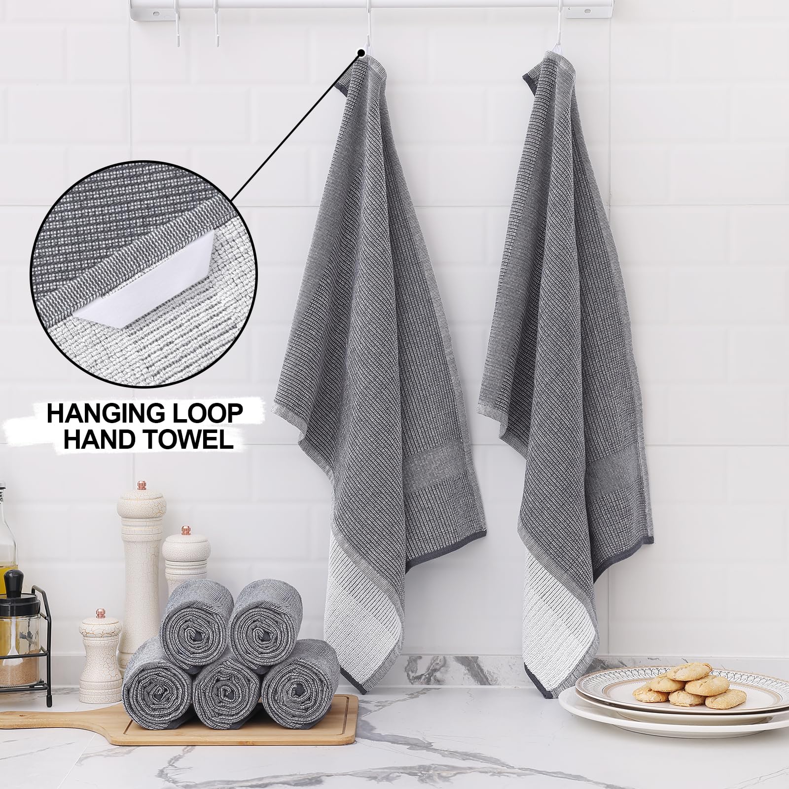 Homaxy Premium Kitchen Towels(18βx 28β, 6 Pack), Large Cotton Kitchen Hand Towels, Flat and Terry Dish Towels, 380 GSM Highly Absorbent Tea Towels Set with Hanging Loop, Grey