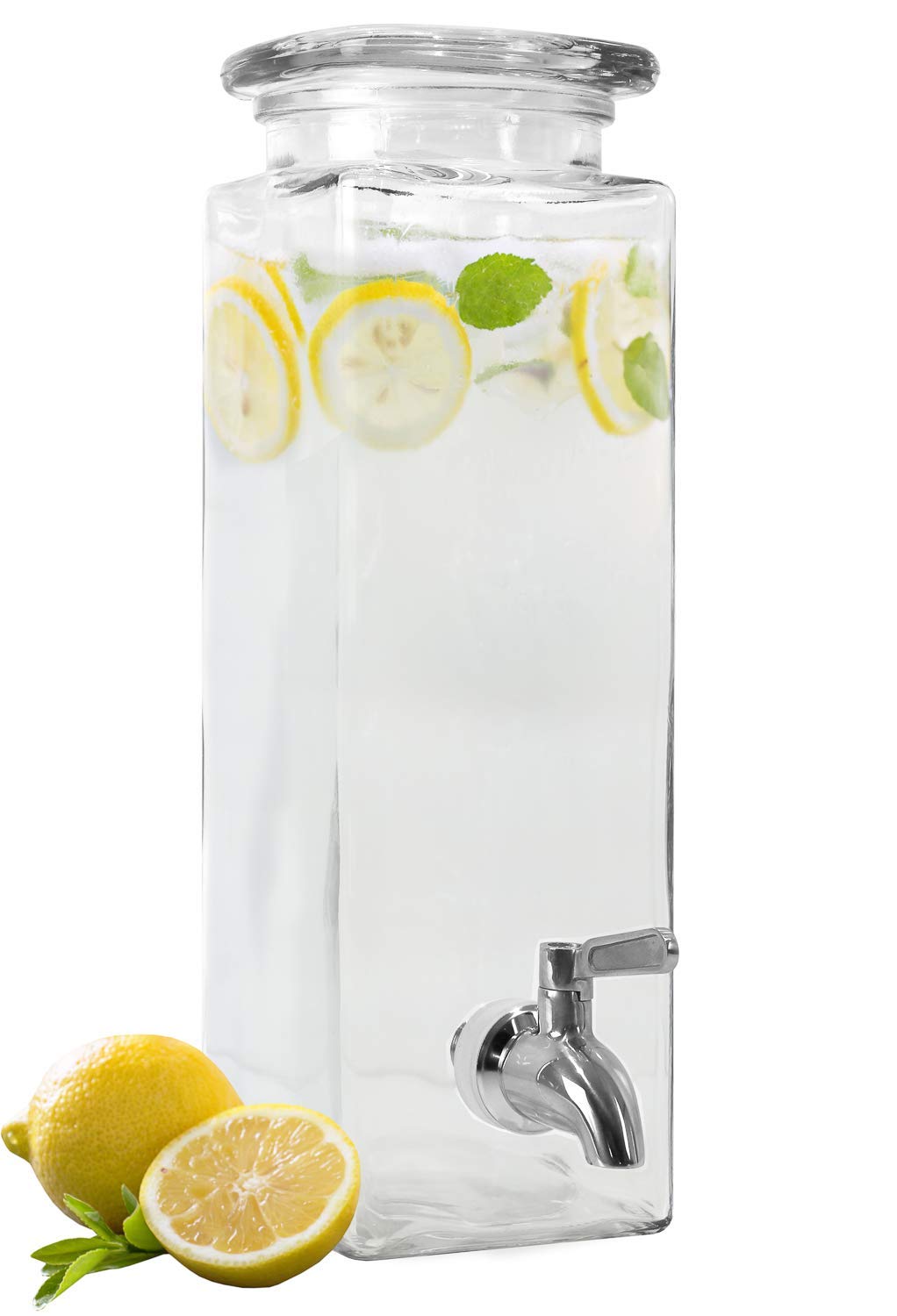 Estilo Glass Drink Dispenser - Tall Square Glass Mason Jar Drink Dispenser With Stainless Steel Spigot, 80 oz (2.36 Liters), Clear, Parties, Weddings, and Picnics
