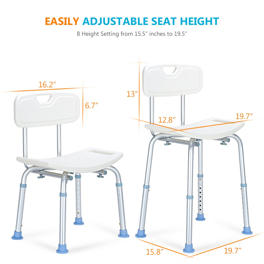 OasisSpace Shower Chair with Back, Heavy Duty Adjustable Shower Seat Stool - Medical Tool Free Anti-Slip Bathtub Seat Bench Lightweight and Durable for Elderly, Senior, Handicap, Disabled