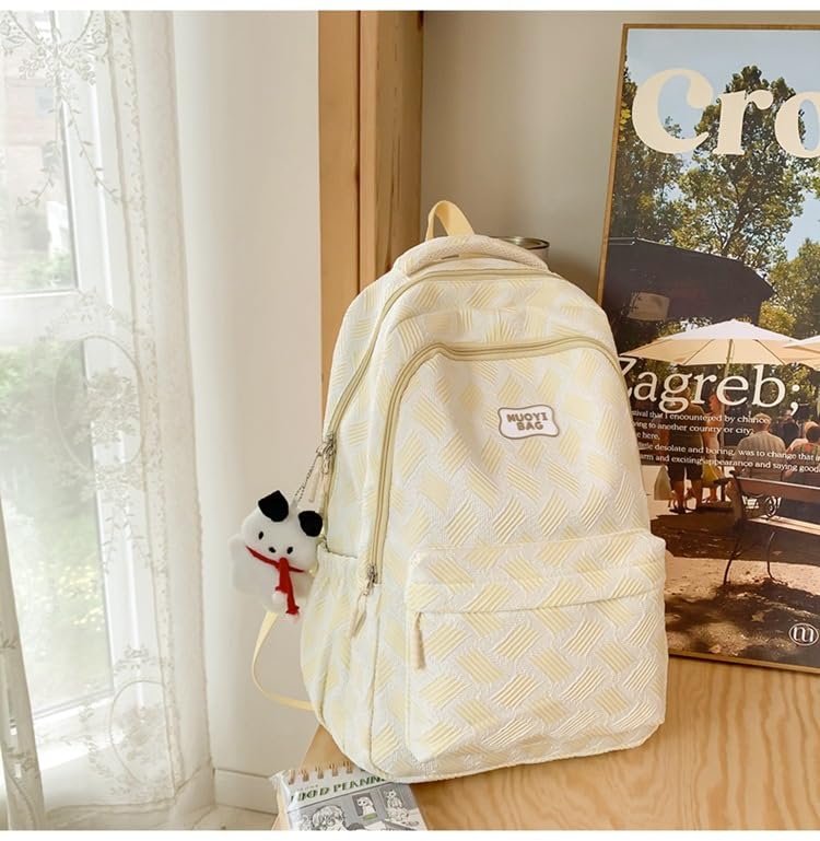 IECSHDU Kawaii Aesthetic Laptop Backpack Large Capacity Emboss Textured Casual Daypack Cute Plush Pendant Simple Laptop Bag (Yellow)