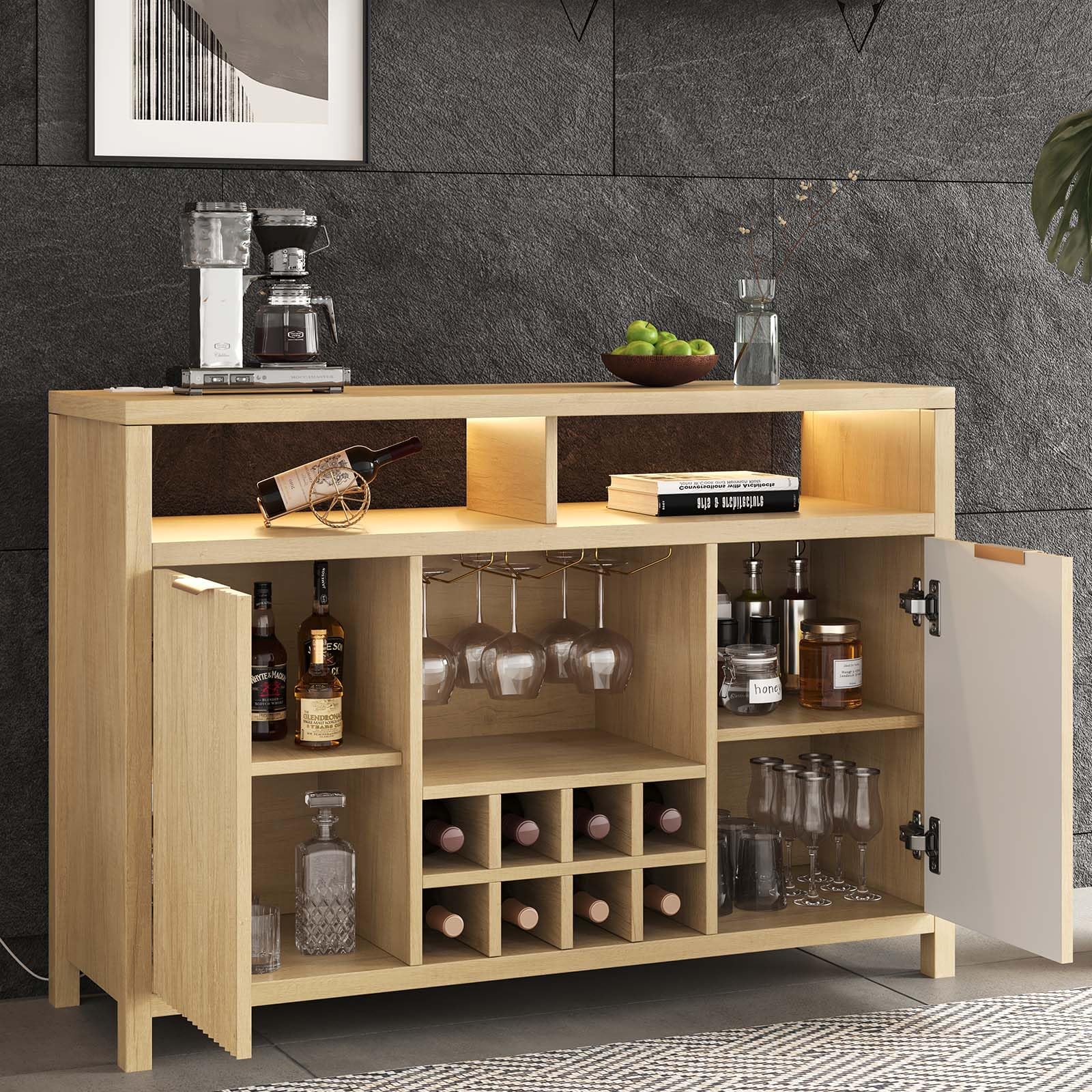 Fluted Home Bar Wine Cabinet with LED Light, Charging Station, Wine Rack - Buffet Cabinet with Storage, Coffee Bar Table, Stylish Fluted Credenza Cabinet for Modern Home Kitchen 47.2" Black