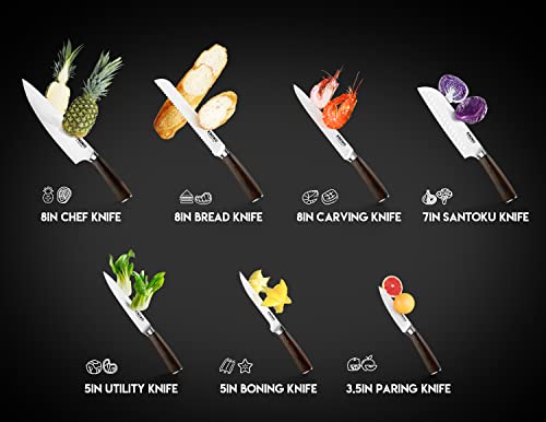 enowo Chef Knife Set, 7 Piece Kitchen Knife Set with Widened Blade & Pakkawood Handle, High Carbon Stainless Steel Knives Set for Kitchen
