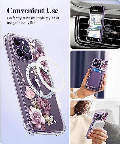 GVIEWIN for iPhone 14 ProMax Case Compatible with MagSafe, [Screen Protector + Camera Lens Protector] [MIL-Grade Protection] Magnetic Floral Clear Shockproof Women Phone Case for 14 Pro Max(Purple)