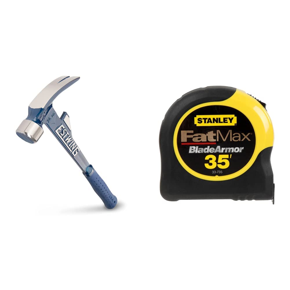 Estwing E6-24TM 24 Oz Milled Face, Hammertooth*, Nylon-Vinyl Grip, Blue & Stanley 33-735 Fatmax Tape Rule with Bladearmorâ⢠Coating 1-1/4" x 35', 2.2" x 7.1" x 4.6"