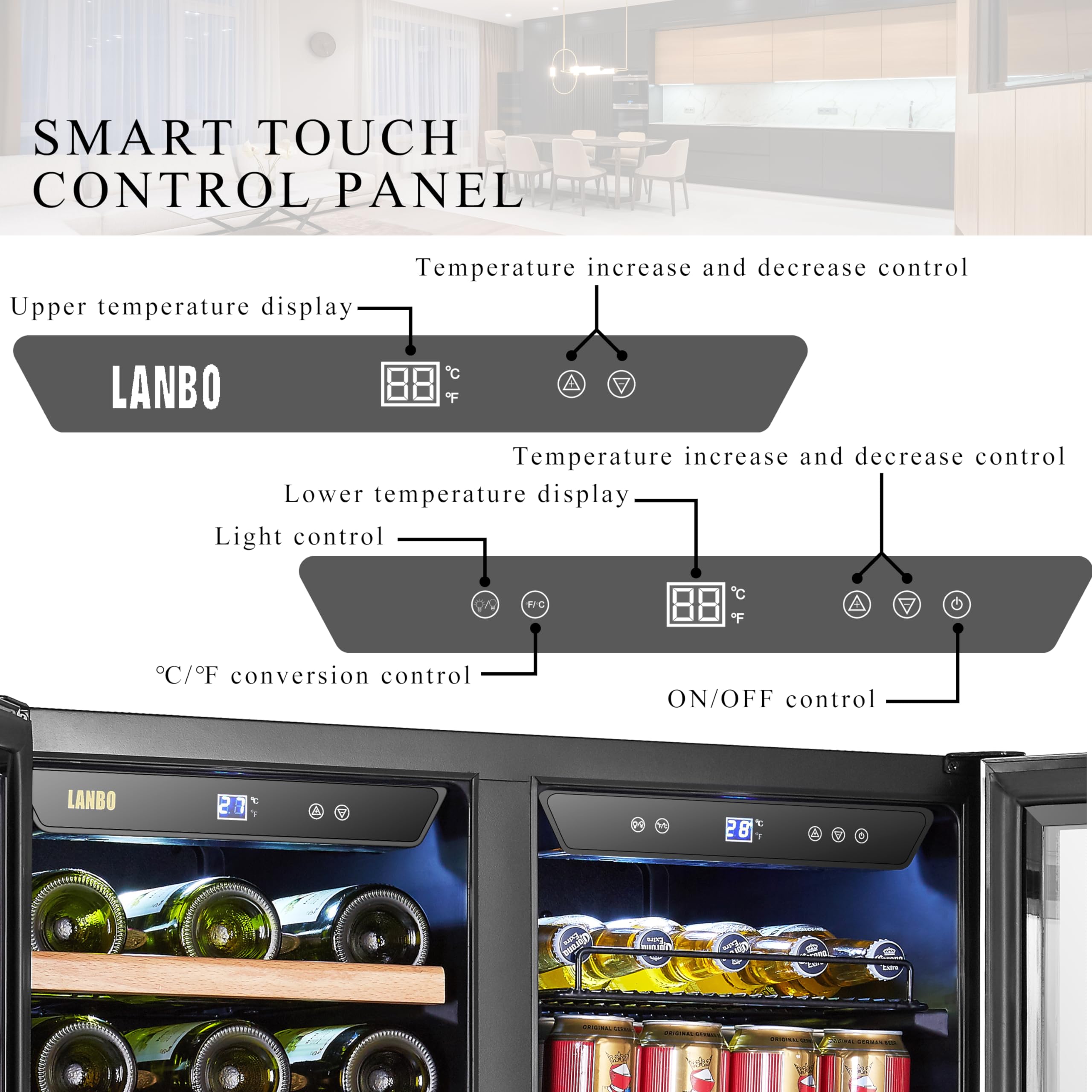 Lanbo Wine Cooler Refrigerator, 30 Inch 33 Bottle and 70 Can Under Counter Beverage Fridge with Stainless Steel Glass Door, Safety Lock and Digital Memory Touch Control