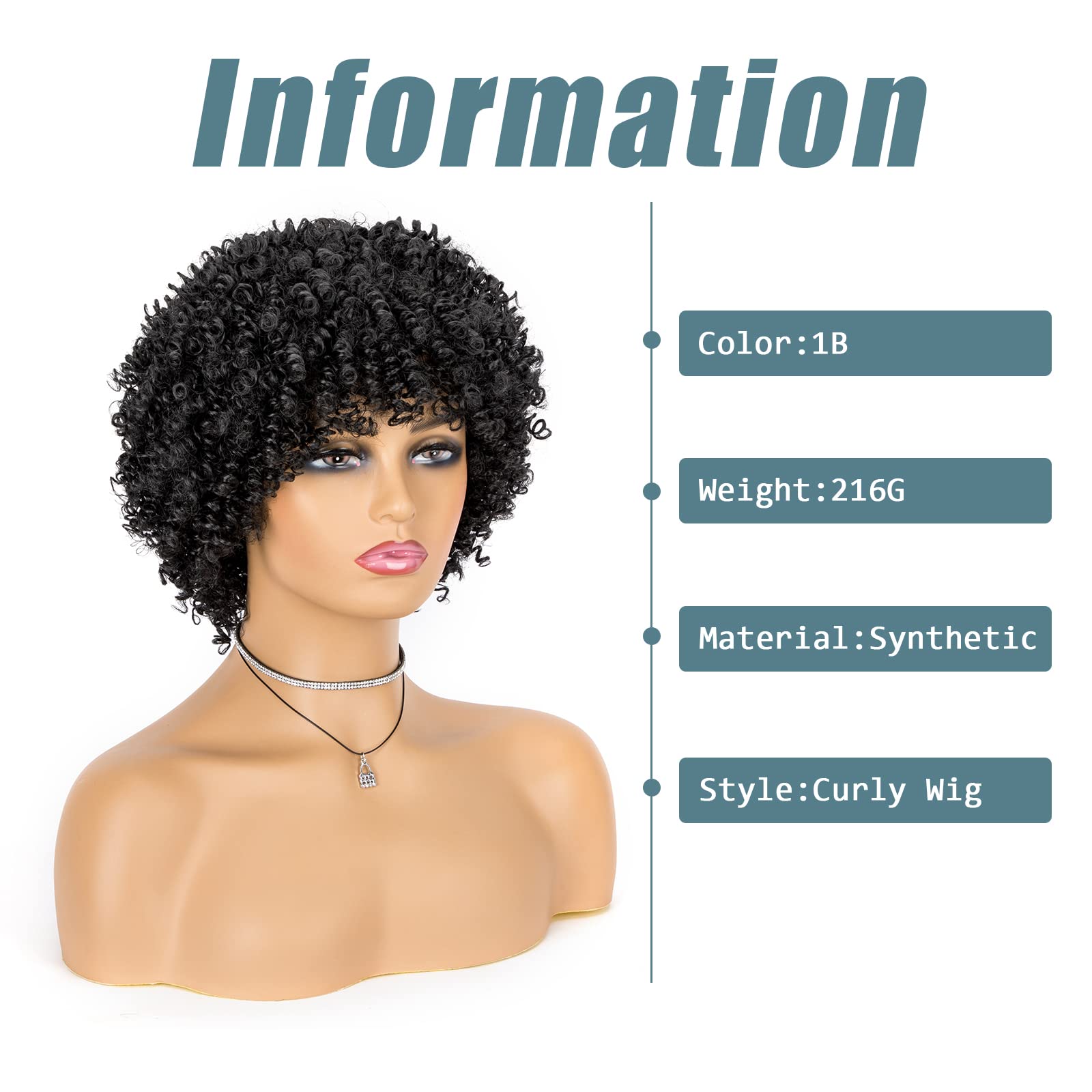 Flvaco Short Curly Wig Synthetic Fiber Full Wig with Bangs Afro Curly Wig for Black Women(1B#)