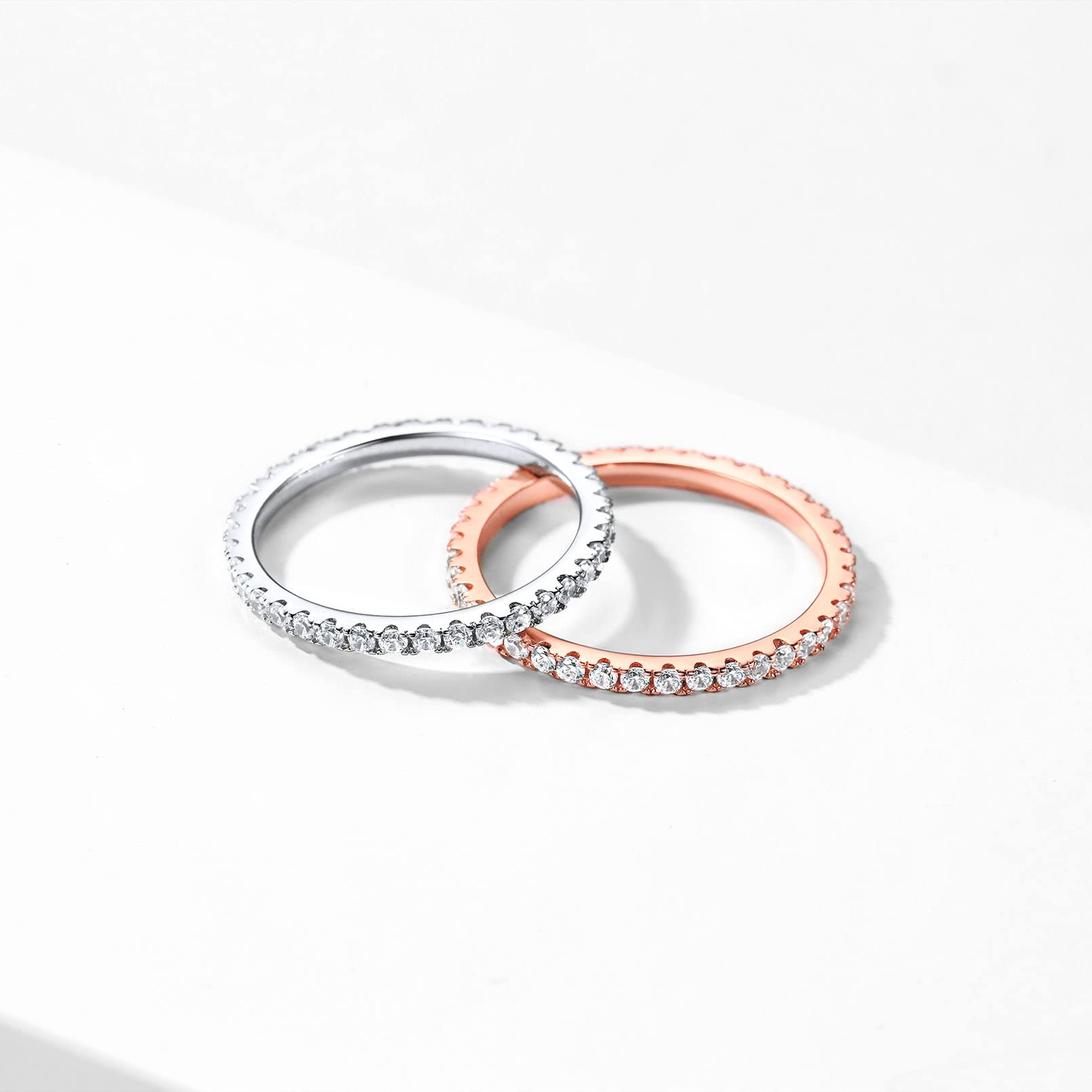 ChicSilver 2MM Rose Gold Plated Sterling Silver CZ Cubic Zirconia Stackable Engagement Ring Simulated Diamond Eternity Wedding Band for Women Size 7