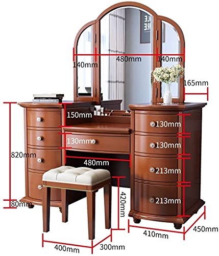 LEONYS Makeup Vanity Table Set with Round Mirror, Built-in LED Light, Dressing Desk with 9 Drawers and Cushioned Stool for Bedroom, for Women (Color : Brown)