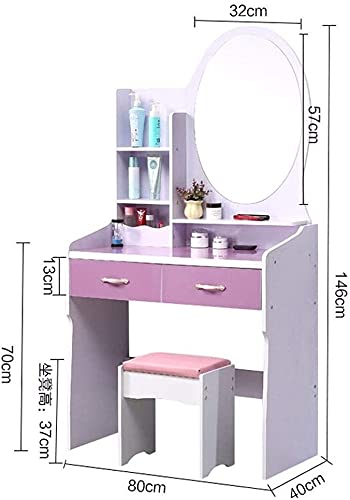 LEONYS Makeup Vanity Desk with Rounded Mirror, 3 Drawers, Vanity Set with Upholstered Stool, for Bathroom, Bedroom, Girls Vanity for Gift (Color : Pink)