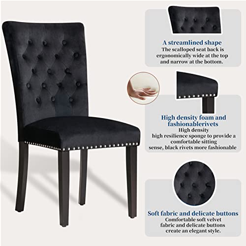 Restworld Velvet Fabric Dining Chair Set of 2 with Button & Nailhead Decoration, Tufted Upholstered Chair for Bedroom & Dining Room, Modern Luxury Style Solid Wood Legs (Black)
