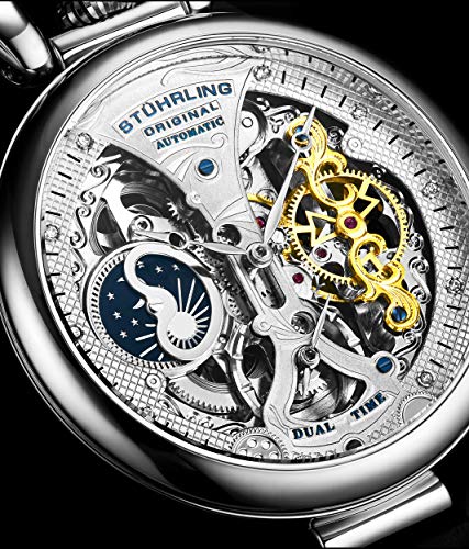 Stührling Original Mens Skeleton Watch Dial Automatic Watch with Calfskin Leather Band and - Dual Time, AM/PM Sun Moon