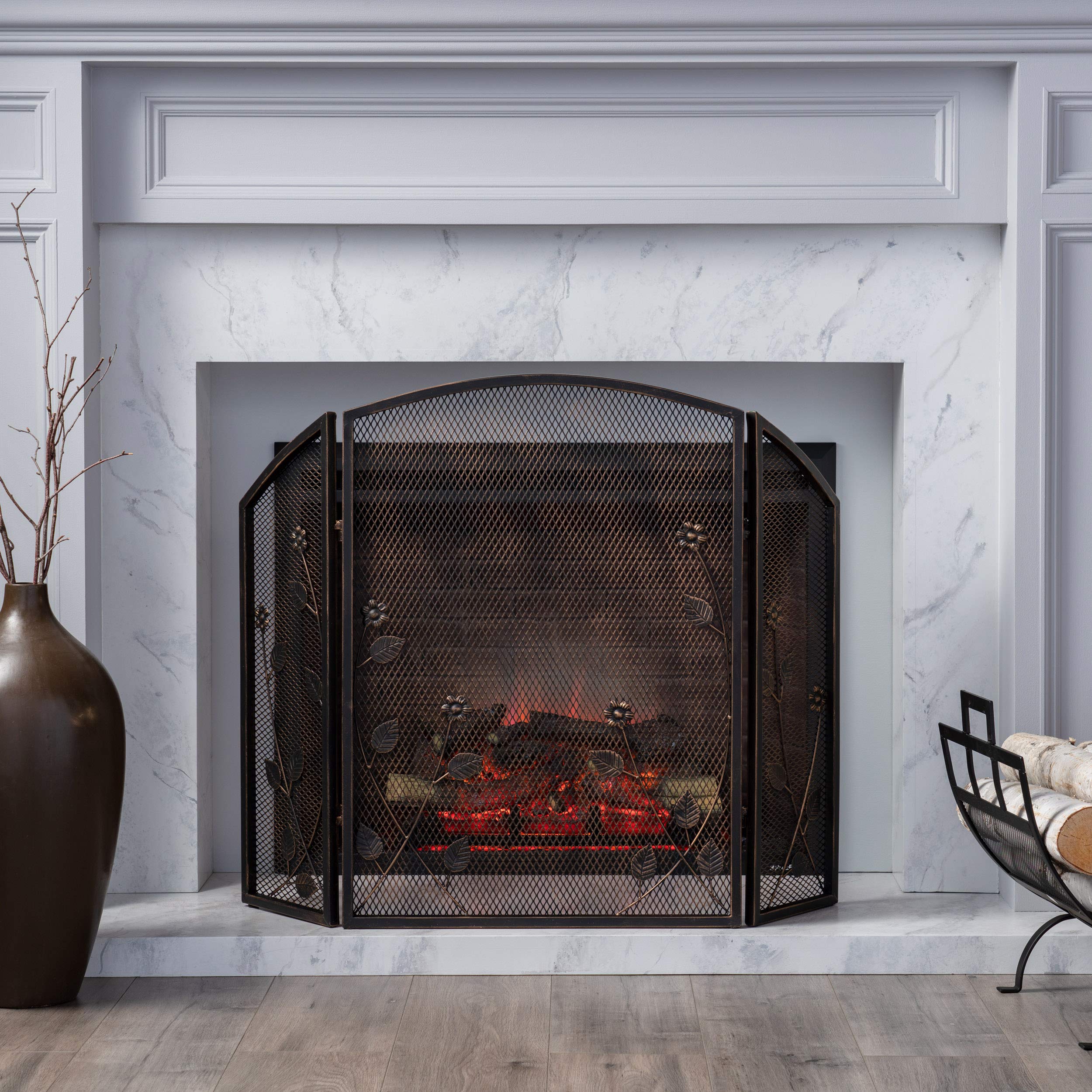 Christopher Knight Home Jenna Modern Iron Firescreen with Leaf Accents, Black Gold Finish