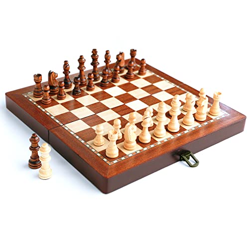 QueenSide 12" Magnetic Wooden Chess Set with Folding Chess Board & Staunton Chess Pieces 2 Extra Queens, Portable (30x30cm)