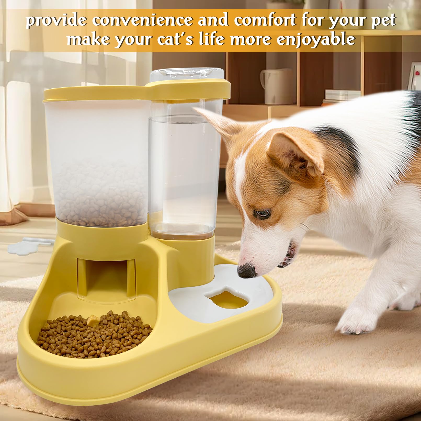 Hamiledyi Gravity Cat Feeder Set, Automatic Pet Food Feeder and Waterer Dispenser 2 in 1 Gravity Pet Food Set Auto Pets Feeder Replenishes Self Feeding Station for Dogs Cats (Yellow)