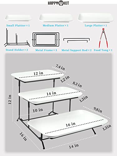HAPPY KIT 3 Tier Serving Tray with Tong, Ceramic Rectangular Serving Platters for Cupcake Stand Display, 16/14/12inch Tiered Serving Tray with Collapsible Sturdy Metal Rack for Dessert Server Display