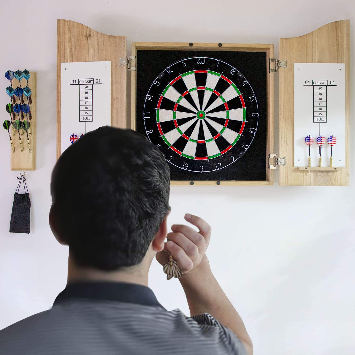 Dart Board Cabinet Set with 18 Inch Bristle Dartboard, Darts Holder Wall Mounted, Darts Throw Line, and Ready-to-Play Bundle with Steel Tip Darts Set