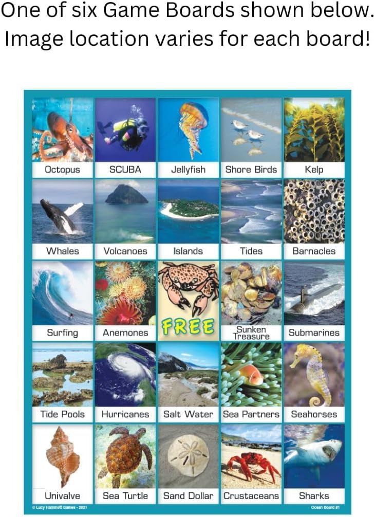 Ocean Bingo - Educational & Fun Game with Sea Creature Facts, 6 Picture Boards & 42 Cards