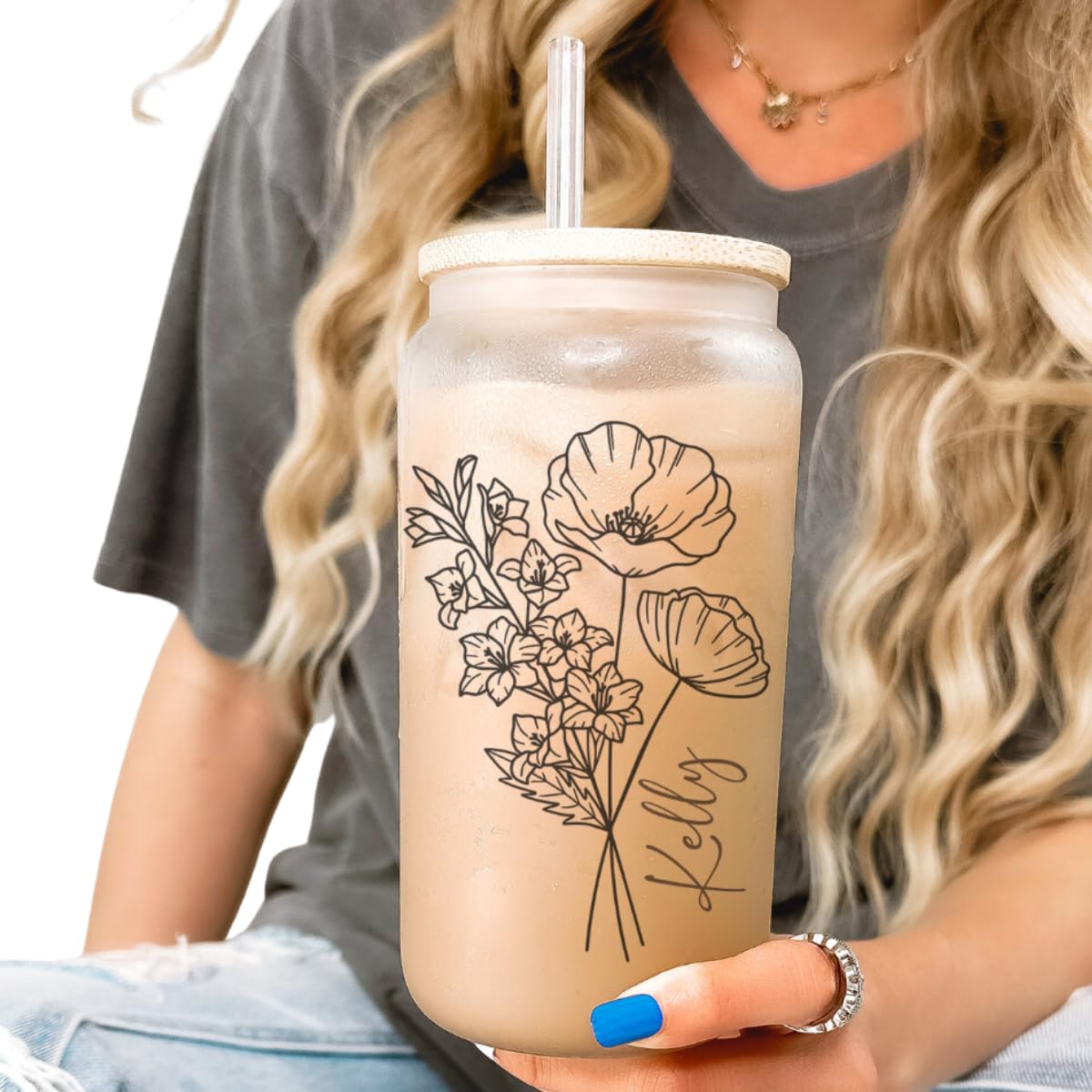 Christmas Gift Personalized Tumbler Set with Straw Birth Flower Custom Glass Cup with Lid, Bridesmaid Proposal Christmas Gift Ideas for Women (Birth Flower Frosted)
