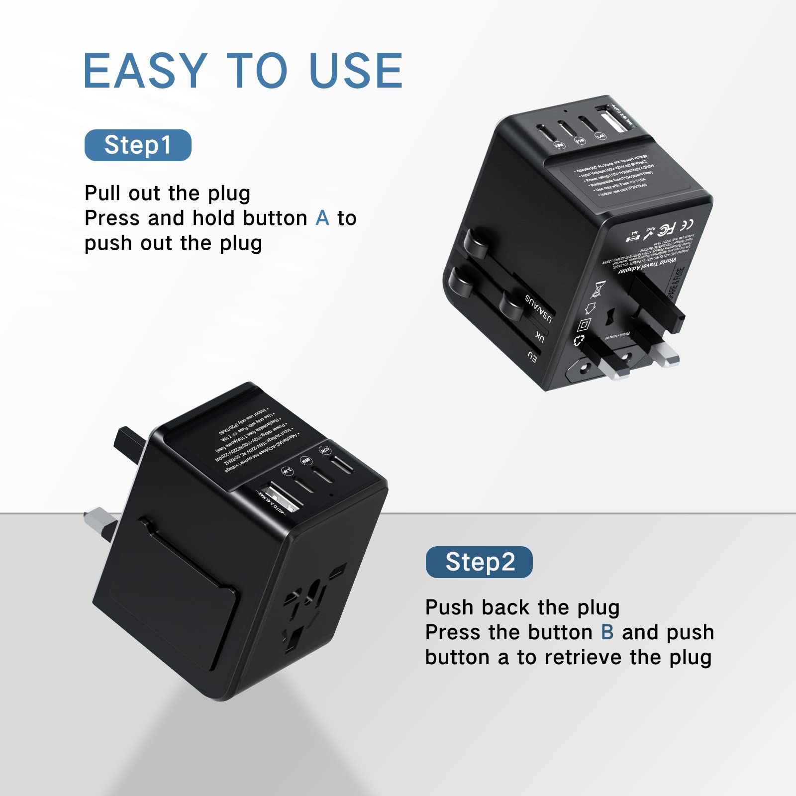 Global Travel Adapter 65W Fast Charger with 3 Type-c and 1 USB Universal Travel Plug adapters with 1M Lightning Cable for Over 200 Countries Including UK Japan China EU (Black)