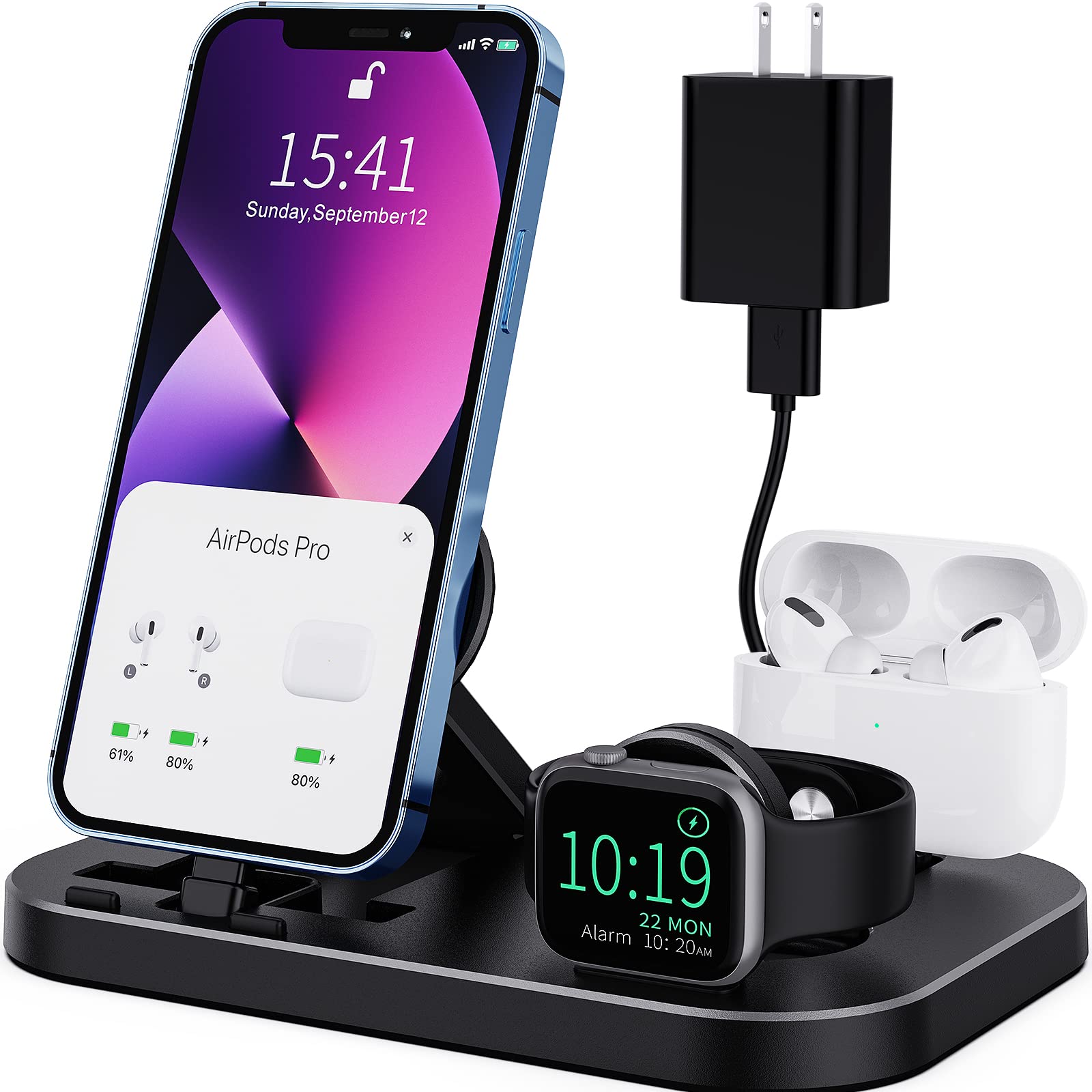 Charging Station for Multiple Devices Apple, 3 in 1 Charging Dock for iPhone/AirPods Series, Portable Charging Stand for iWatch Series 8/Ultra/7/6/5/4/3/2/1/SE(with 15W Adapter and Cable) Black