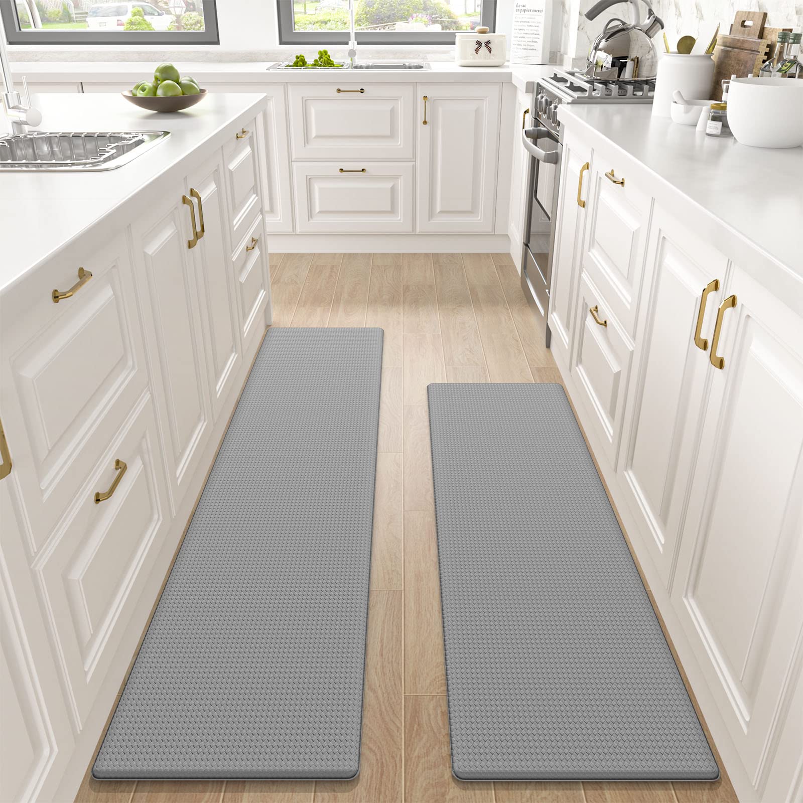 DEXI Kitchen Rugs Anti Fatigue Cushioned Comfort Standing Mats 2 Pieces Set Waterproof Runner Mats Easy to Clean 17"x59"+17"x79" Grey