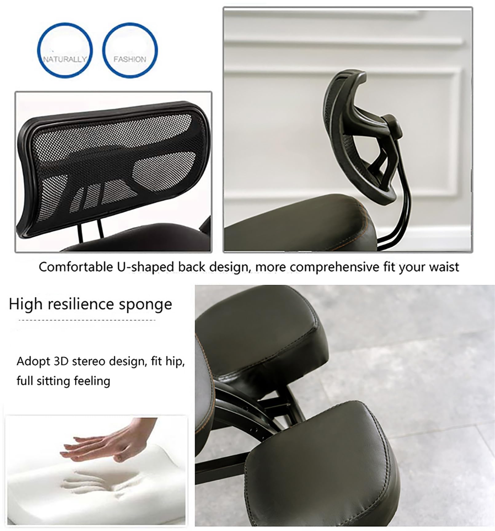 Ergonomic Kneeling Chair with Back Support, for Home and Office, Black