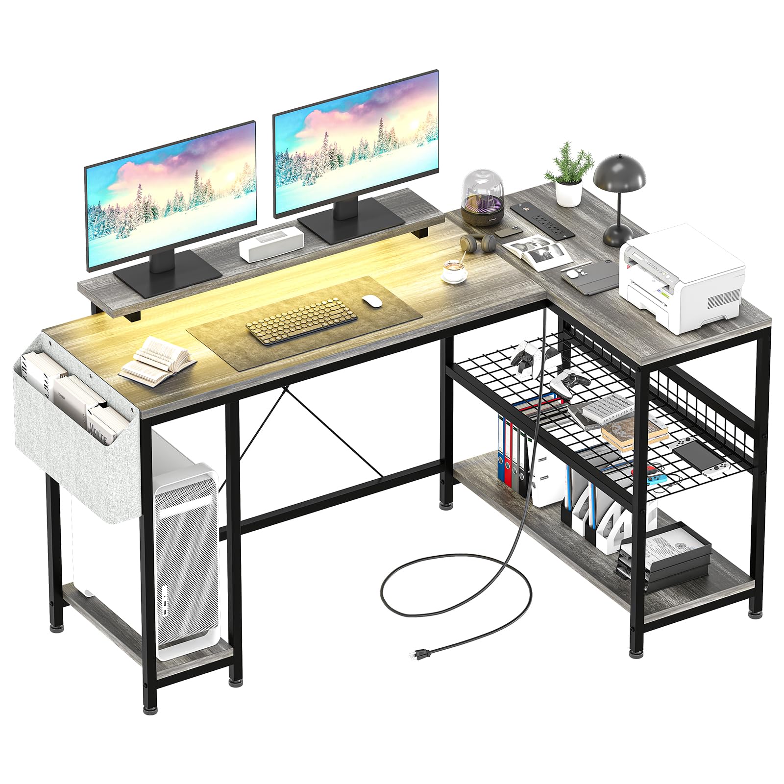 Jojoka L Shaped Computer Desk with Power Outlets & LED Light, Reversible Corner Computer Desk with Storage Shelves & Monitor Stand, Home Office Desk, Gaming Desk, Writing Desk (Pink)
