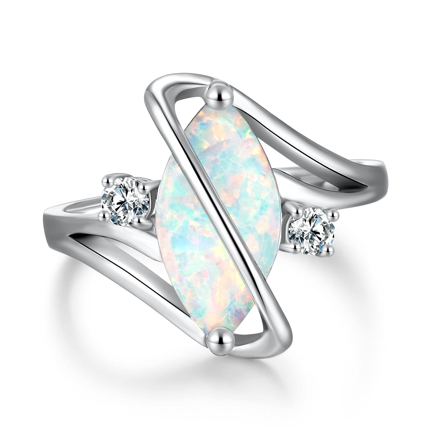 CiNily Silver Opal Ring White Fire Opal & Cubic Zirconia Sterling Silver Ring for Women Size 9