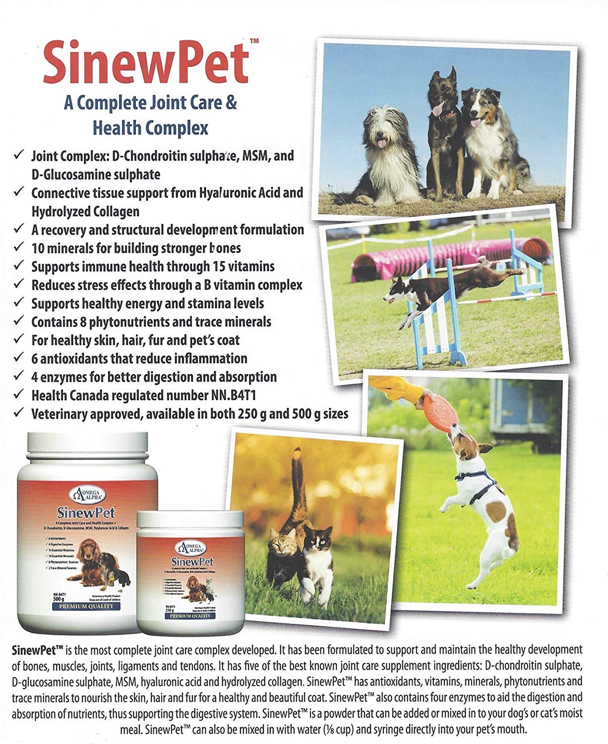 Omega Alpha Pets - Performance & Mobility-A Complete Joint Care and Health Complex + D-Chondroitin, D-Glucosamine, MSM, Hyaluronic Acid & Collagen- SinewPet-500g (One Bottles)