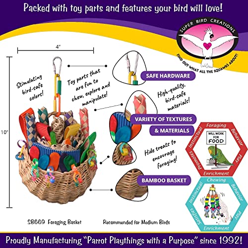 Super Bird Creations SB669 Wicker Foraging Basket Bird Toy with Array of Chewable Toys for Parrots, Medium Size, 10β x 4β x 5β, Varies, 1 Count (Pack of 1)