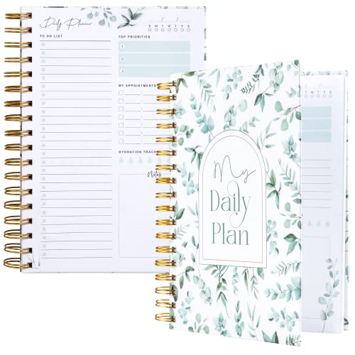 Daily Planner with Spiral Binding,6x9 Inches Undated Planner (To Do List),Greenery Design Daily To Do Planner, Habit Trackers, Time Management and Productivity Organizer