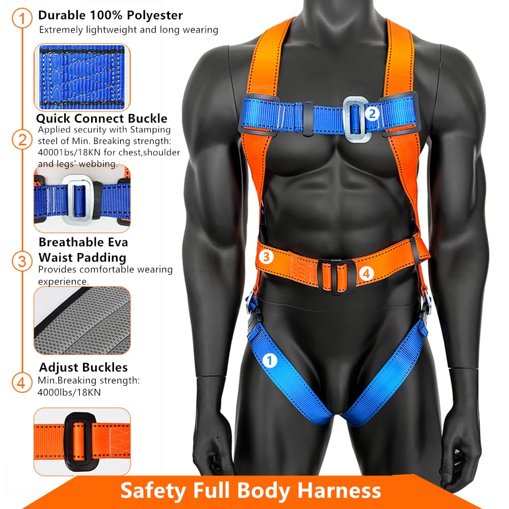 GLOROUSCHU Full Body Safety Harness Tool Fall Protection,OSHA/ANSI Compliant,ASTM F1774certified | INTERNAL Shock Absorbing Lanyard(Orange)