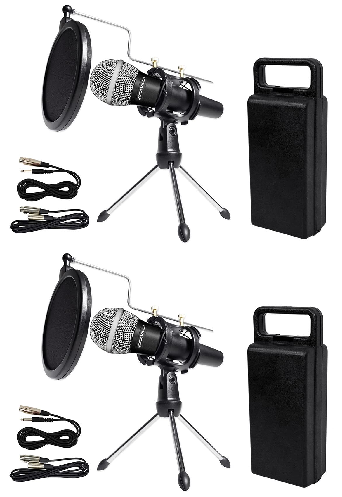 Rockville (2) Dynamic Podcasting Podcast Microphones+Stands+Pop Filters+Cables