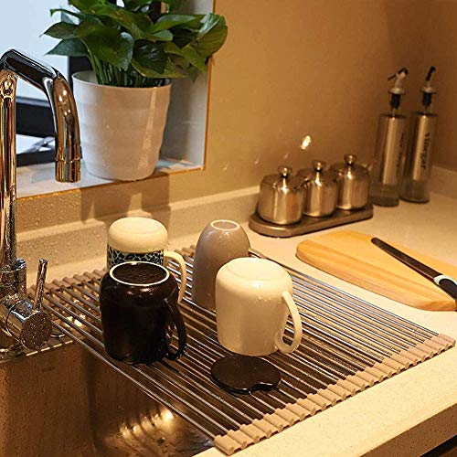 EC ELEGANTCHARM Roll Up Dish Drying Racks, Over Kitchen Sink Counter Rv Wide 17.5" x 16" Rollup Dish Rack, Foldable Stainless Steel Multipurpose Heat Resistant Rolling Dishes Drainer