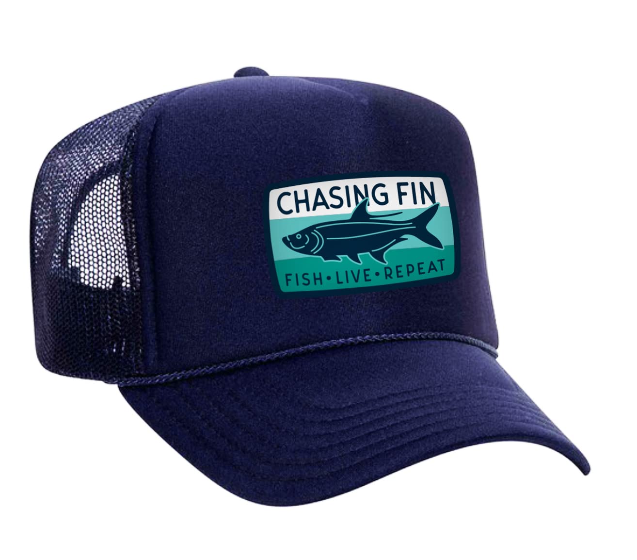 Chasing Fin Tarpon Fishing Trucker Hats for Men and Women, Snapback Foam & Mesh Baseball Cap. 5 Panel Adjustable Fishing Hat Navy