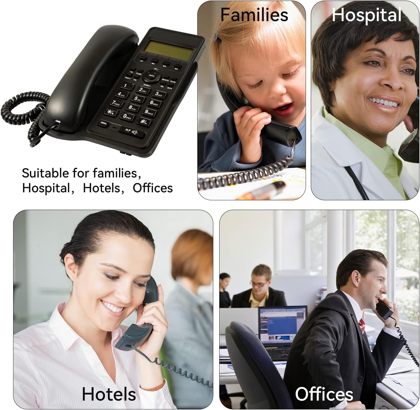 Corded Telephone Landline Telephone, Dual Interface Wired Telephone Big Button Landline Phones with Caller Identification Suitable for Office, Front Desk, Home, Hotel, Corded Landline (Black)
