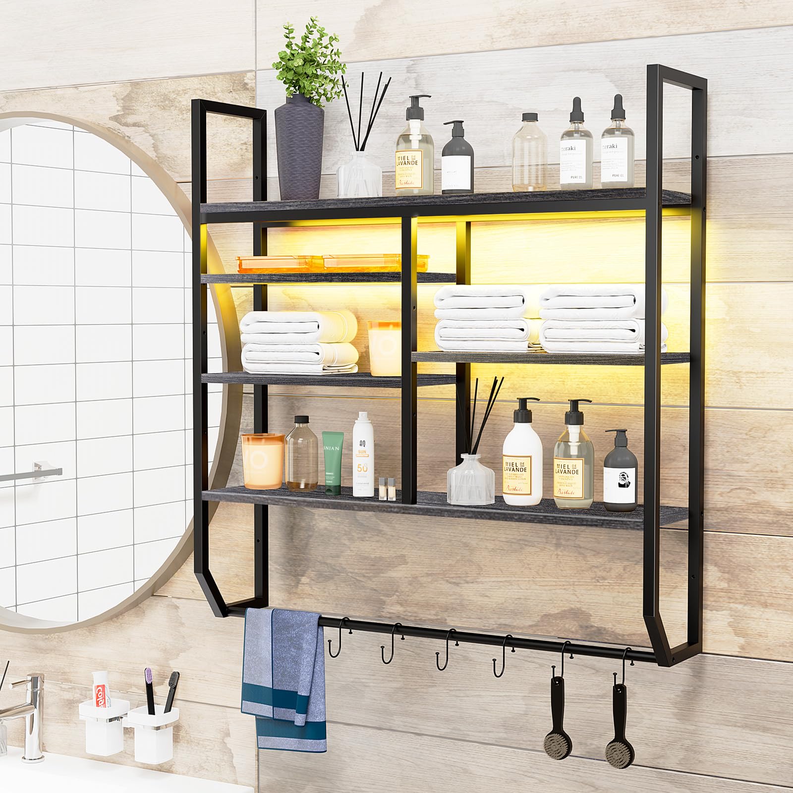 Joyvilla Gaming Floating Shelves with Lights, Led Shelves with Adjustable Shelf, Wall Display Shelves for Gaming Room Decor, Kitchen,Bathroom, Office, Floating Bar Shelves, Gray