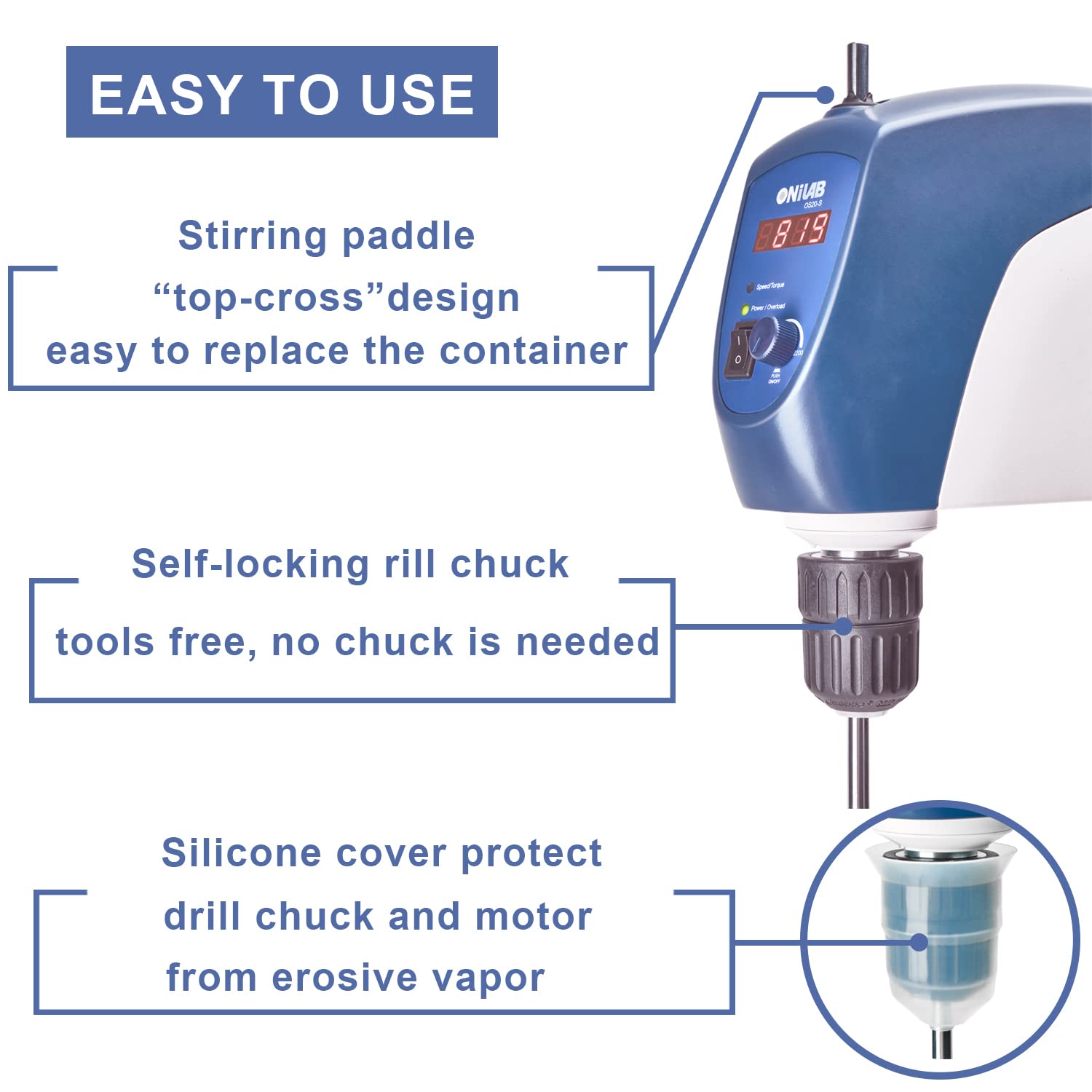 ONiLAB Electric Overhead Stirrer, LED Digital Overhead Stirrer Mixer with Stirring Rod,20L ,10000 mPas , 50~2200RPM, Aluminum Alloy(Stirrer only, Stand not Included)