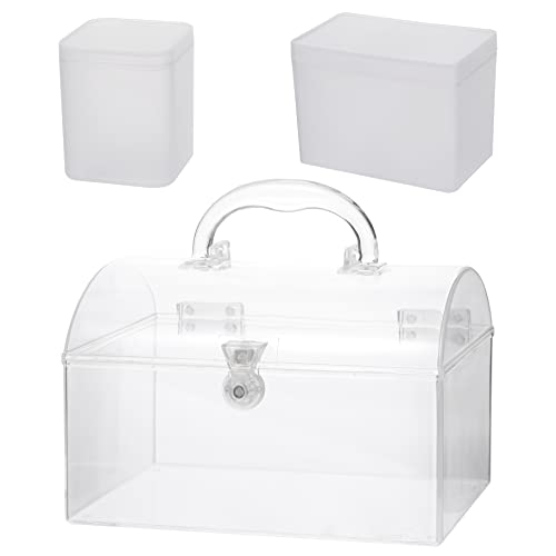 Plastic Square Storage Bin-Cabinet,Gift Box Portable Vanity Organizer with Secure Lid and Handle, Clear Container Box for Toiletries (1 Clear Box + 1 Middle Box +1 Smaill Boxs)