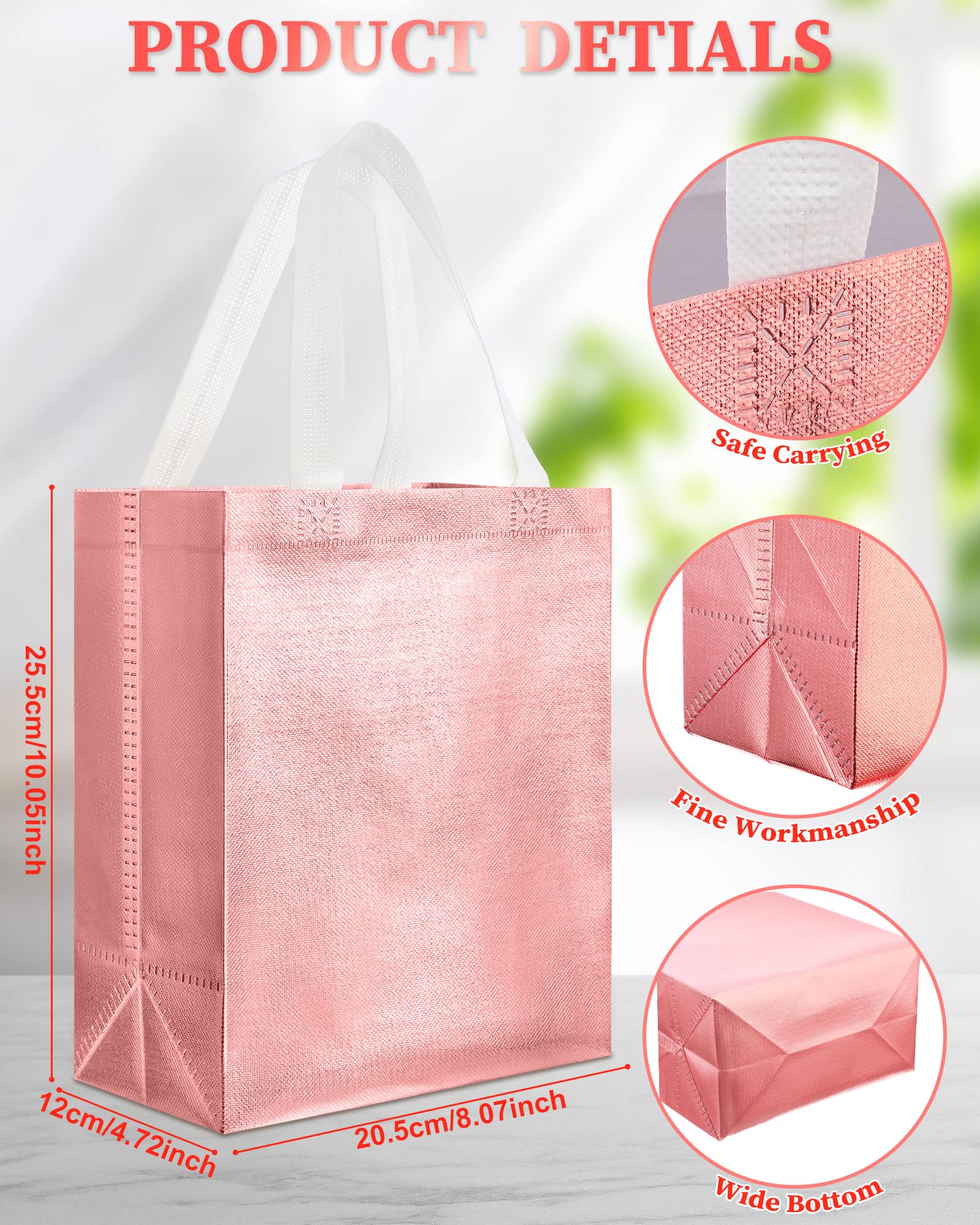Eccliy 80 Pieces Gift Bags Set Glossy Reusable Tote Bags with Handles Grocery Bags for Wedding, Bachelorette Party, Christmas (Rose Gold,Medium)